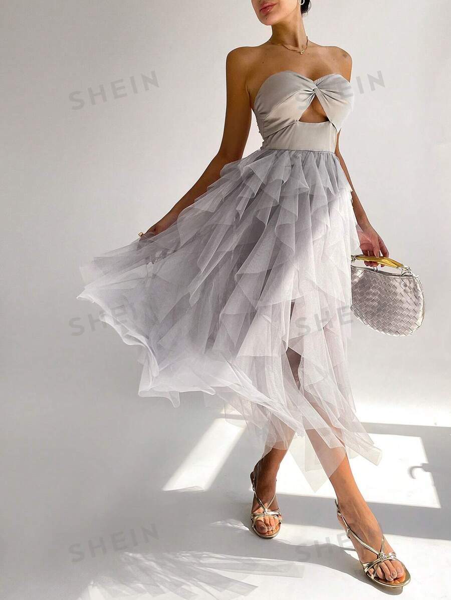 SHEIN Privé Women's Multi-Layered Ruffle Edge Mesh & Tied Hollow Out ...