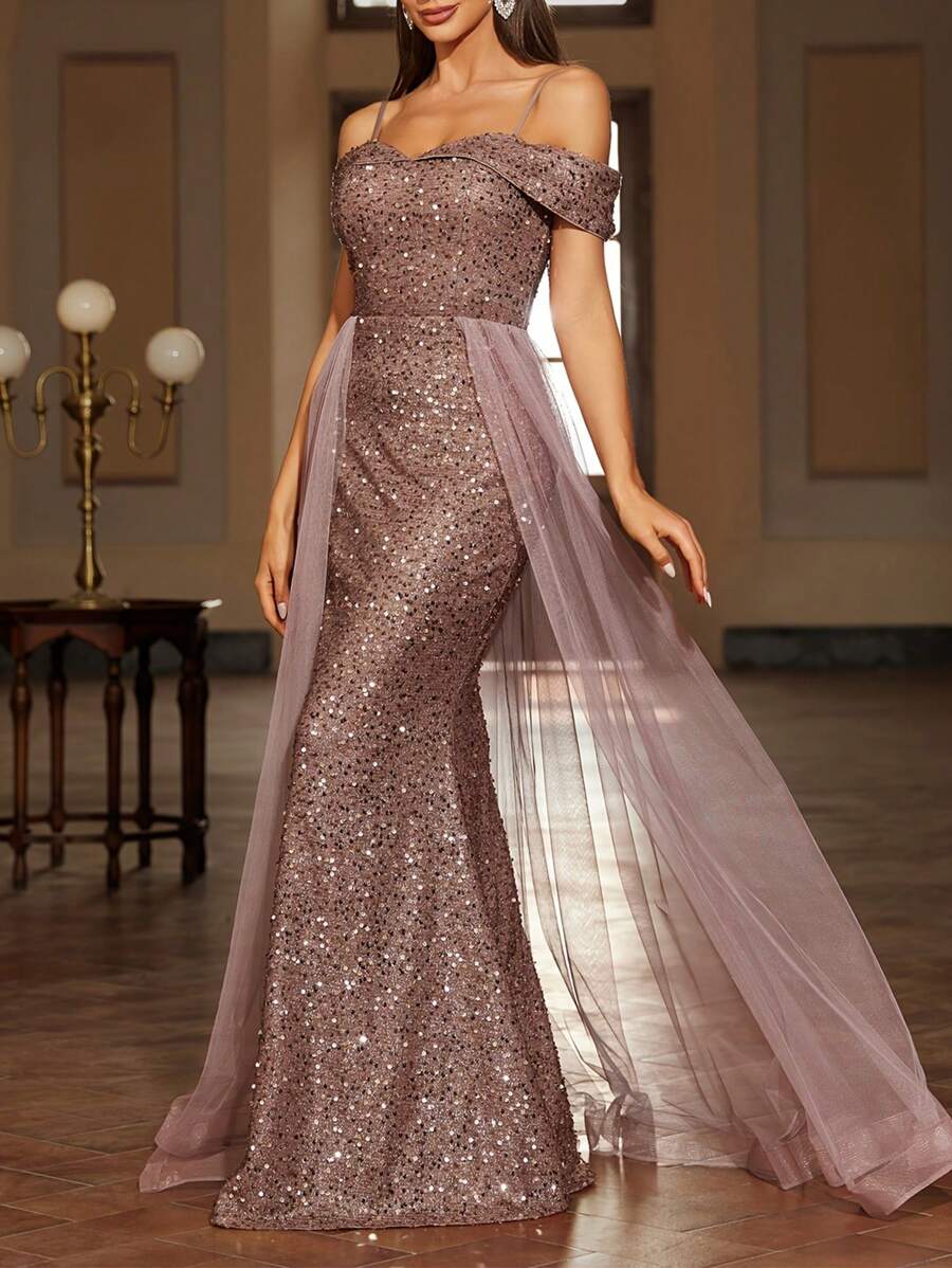 SHEIN Belle Glitter Mesh Cold Shoulder Neckline & Mermaid Hem Dress For Holiday Party Clothes ...