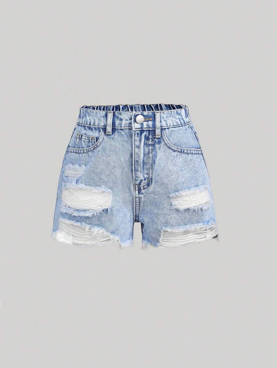 SHEIN Girlism Tween Girls' Spring Summer Boho Stonedwashed Ripped Raw ...