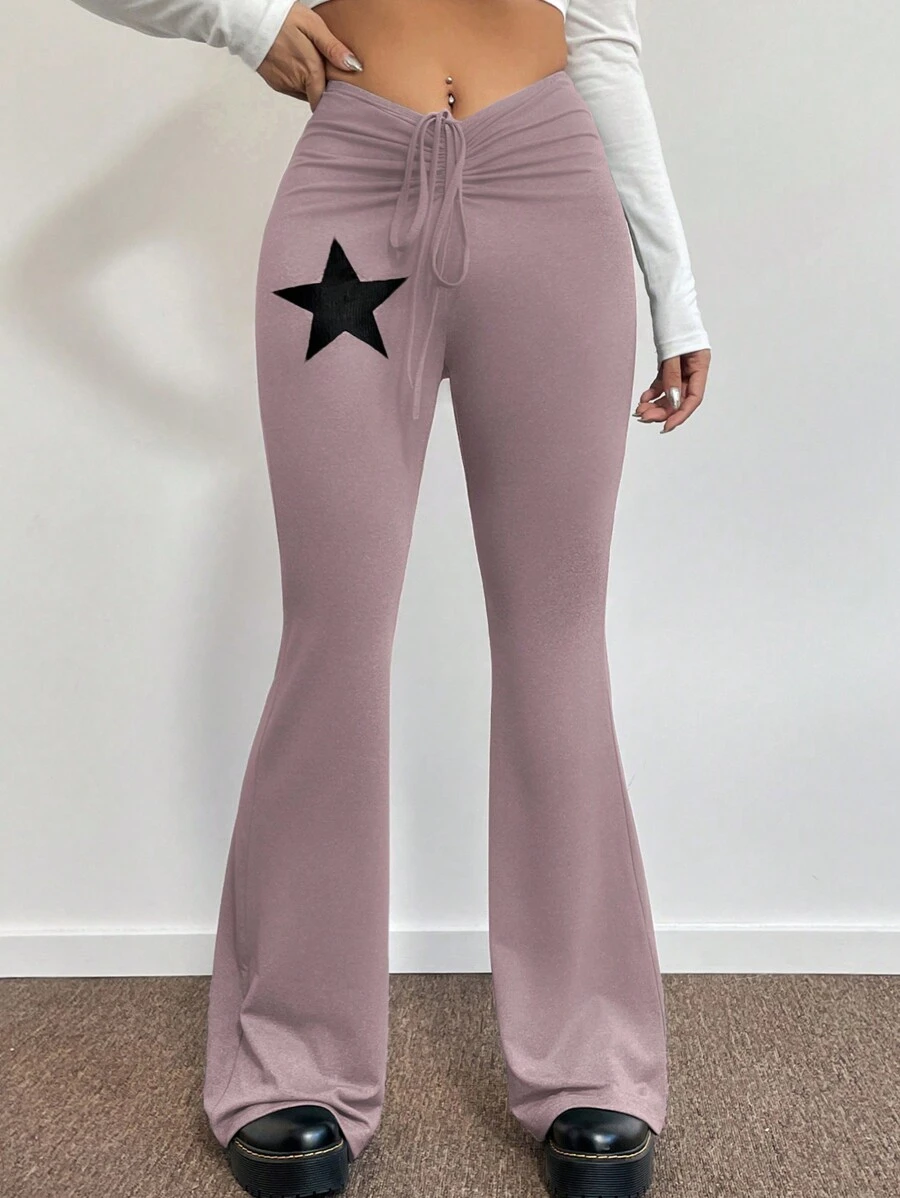 SHEIN EZwear Women's Y2k Grey Star Pattern Drawstring Flare Leg ...