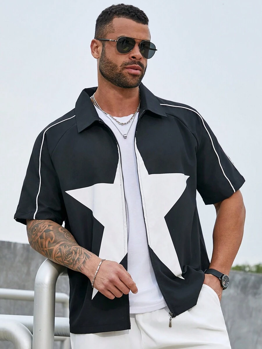 Manfinity Homme Camisa Masculina com Estampa Estrelada de Manga Curta ...
