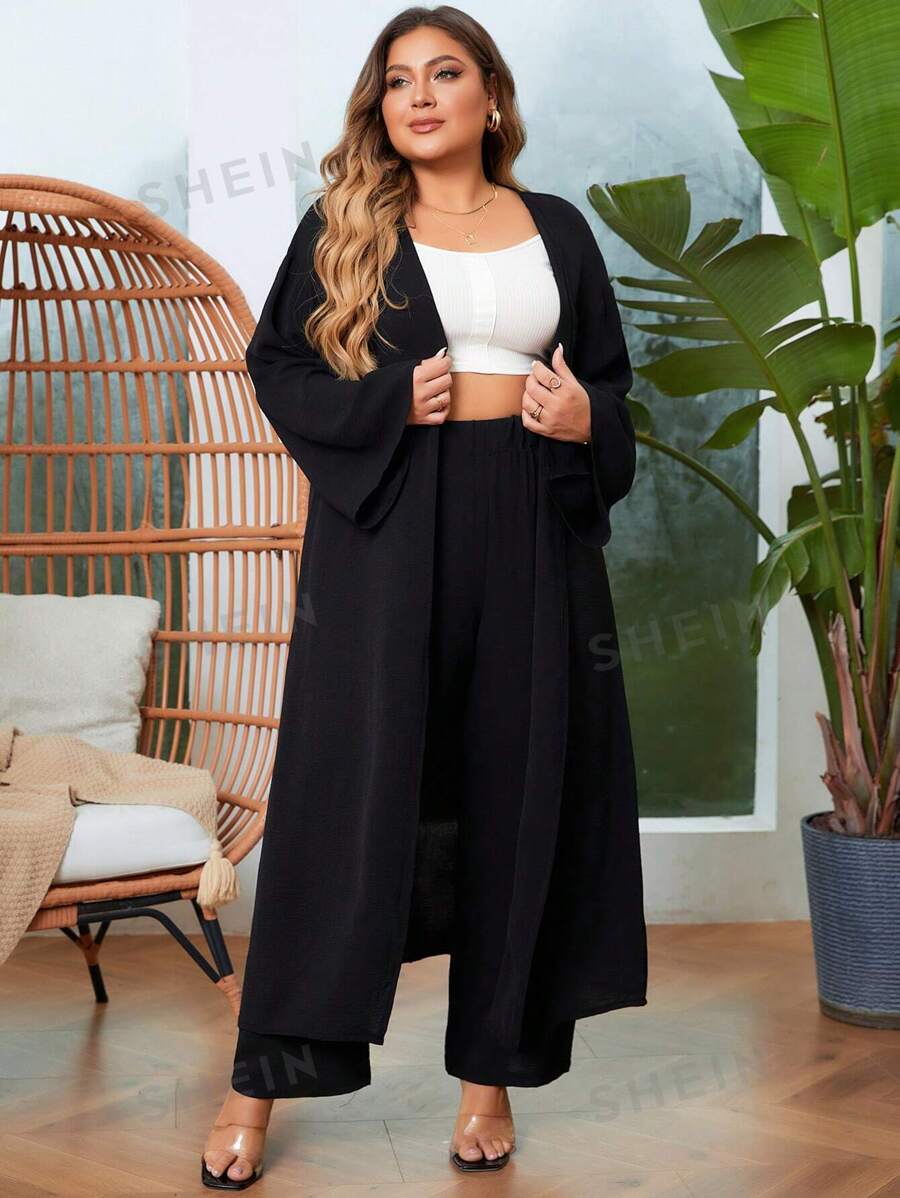 SHEIN LUNE Grote maten Vrouwen Open voorkant Jas En Brede pijpen ...