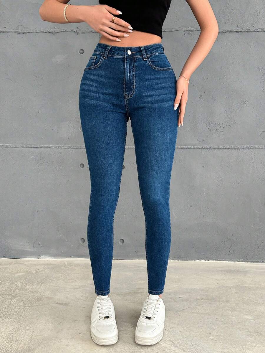 RueChic Skinny Jeans With Whisker And Pp Spray | SHEIN USA