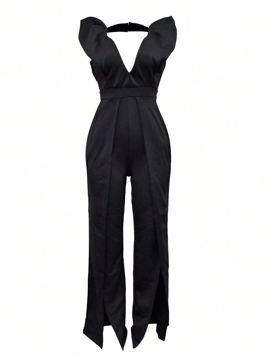 Solid Color Sexy V Neck Pleated Split Wide Leg Jumpsuit For Summer