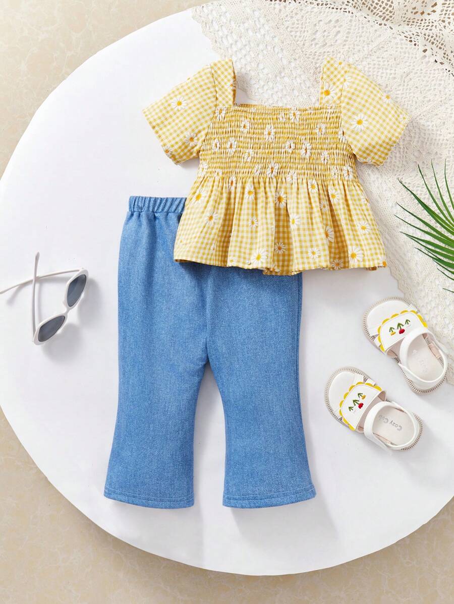 SHEIN Baby Girl Summer Cute Floral Checkered Crop Top And High Slit ...