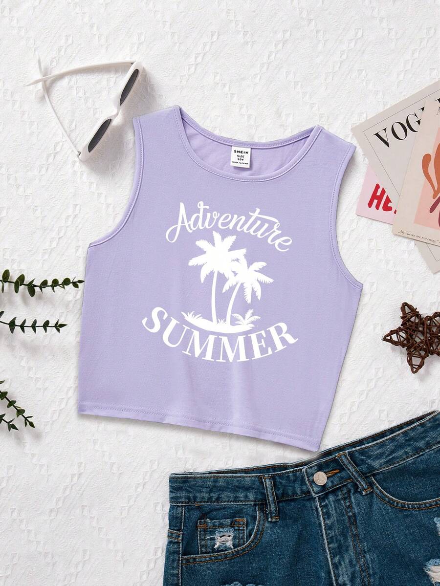 Tween Girl Casual Simple Coconut Tree Regular Tank Top Suitable For ...