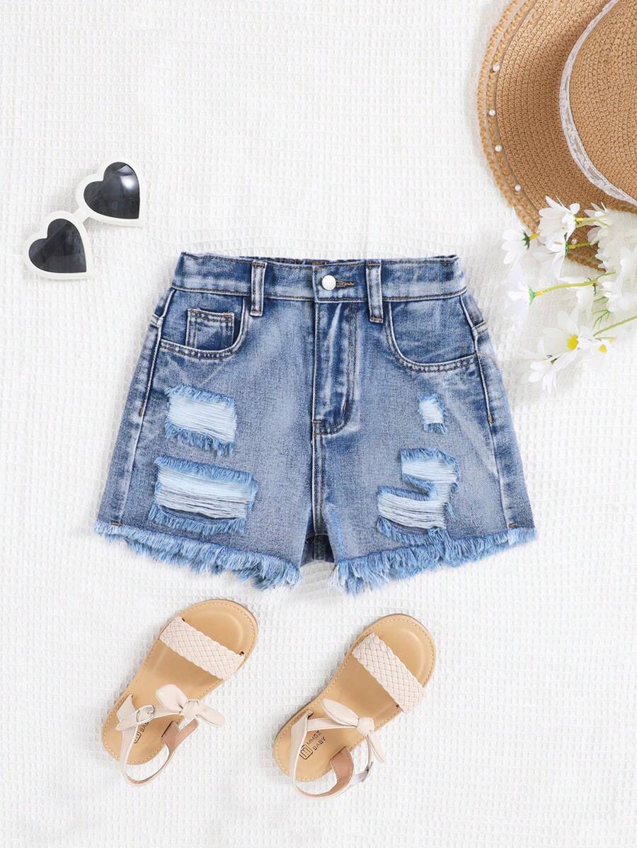 SHEIN Tween Girls Y2K Spring Summer Boho Stonewashed Ripped Raw Hem ...
