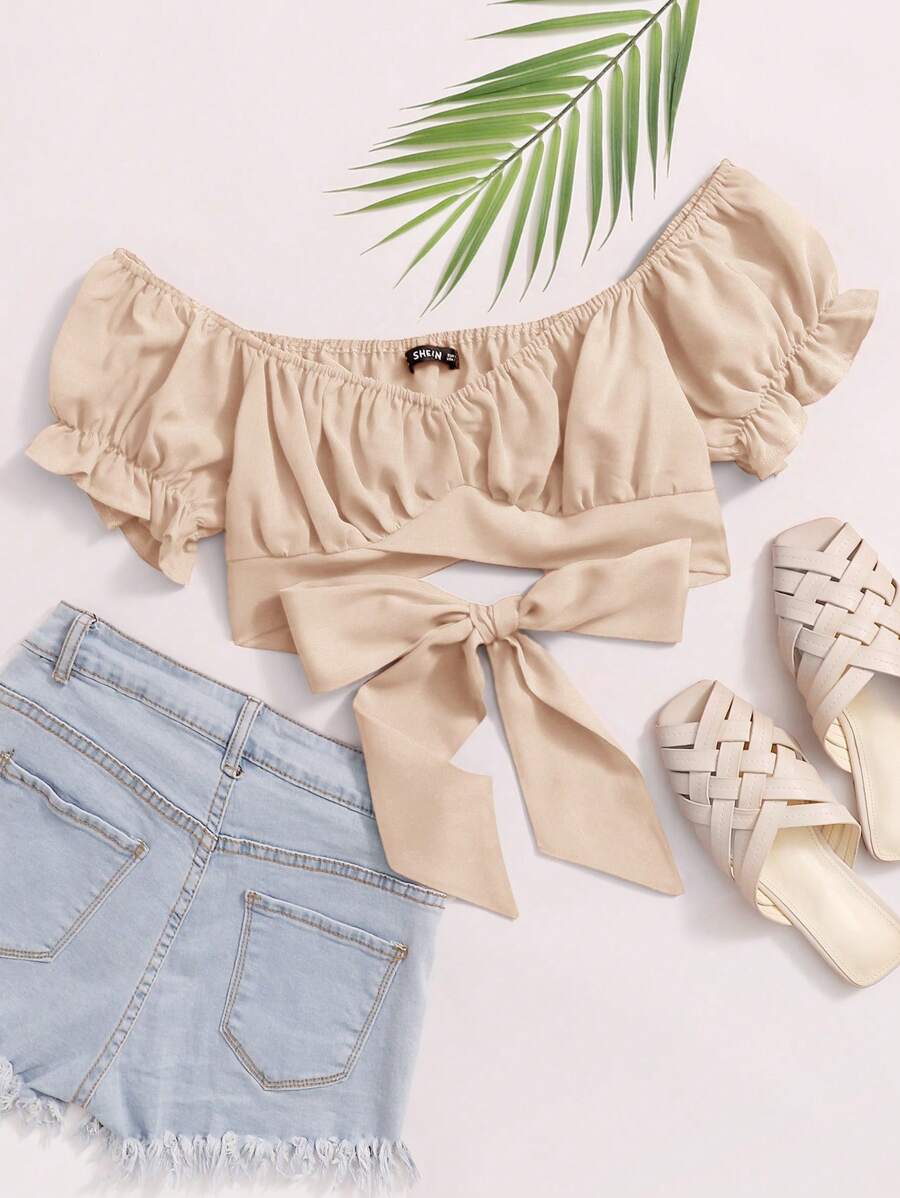 SHEIN LUNE Tied Hem Puff Sleeve Crop Top Spring Break Bow Crop Women ...