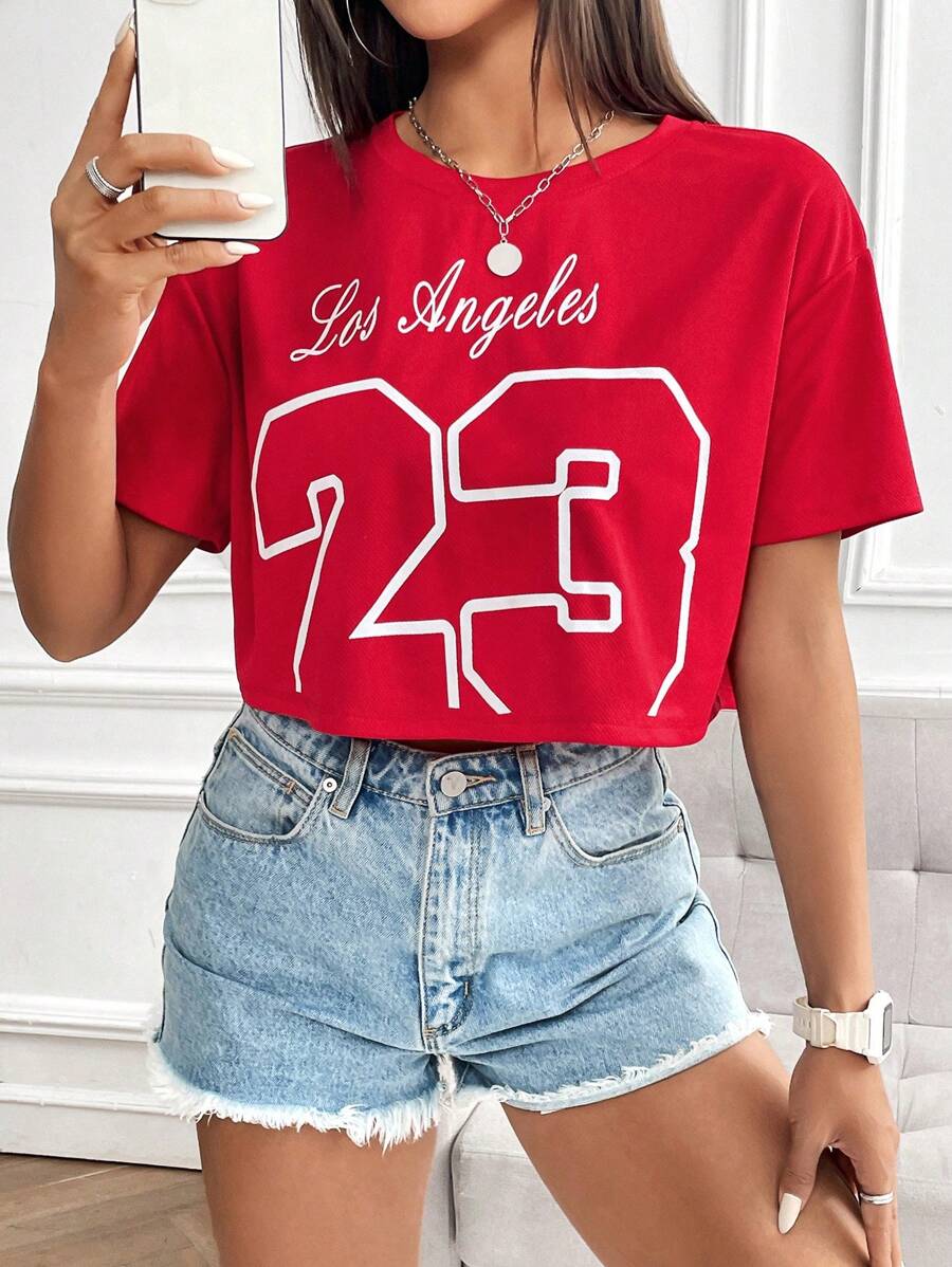 SHEIN EZwear Red Number 23 Printed Crop Top For Women, Summer Los ...