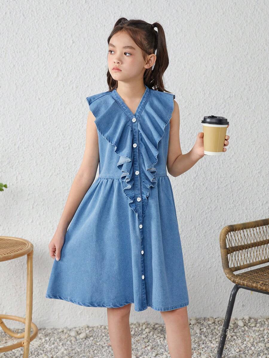 SHEIN Tween Girl Summer Boho Cute Ruffle Edge Red Button Decorated ...