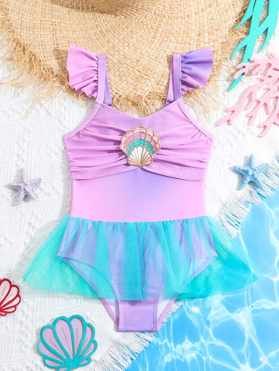 Baby Girl One Piece Swimsuit With Shell Embroidery Decoration, Short ...