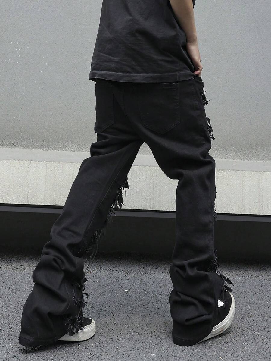 Manfinity EMRG Men Cotton Ripped Flare Leg Jeans Baggy Long Frayed Jean ...