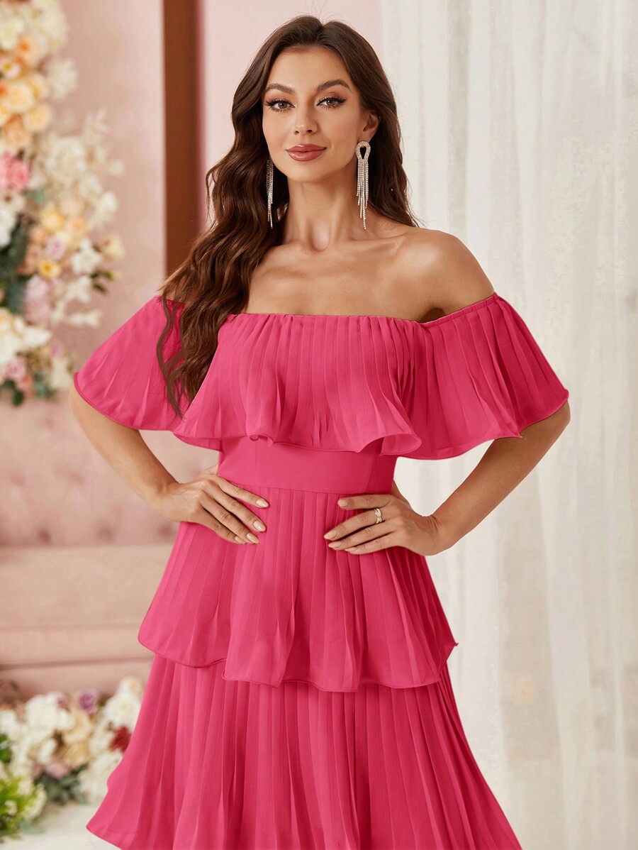 SHEIN Belle Women's Off Shoulder Multi-Layered Pleated Ball Gown For ...