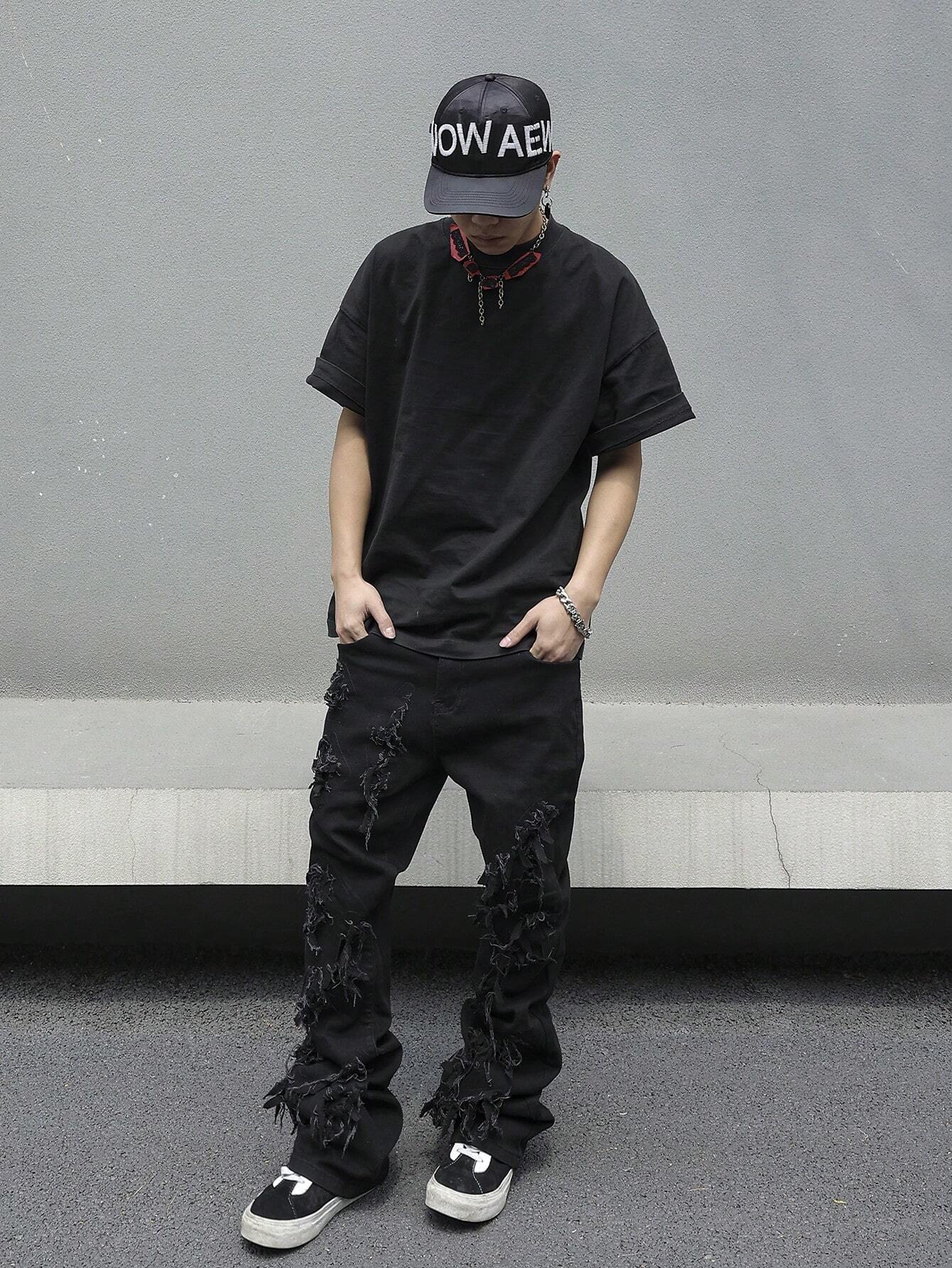 Manfinity EMRG Men Cotton Ripped Flare Leg Jeans Baggy Long Frayed Jean ...