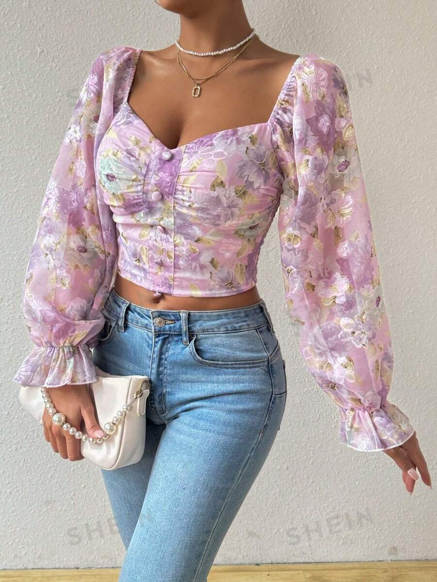 Shein Privé Tie Dye Printed Romantic Valentines Day Milk Maid Shirt