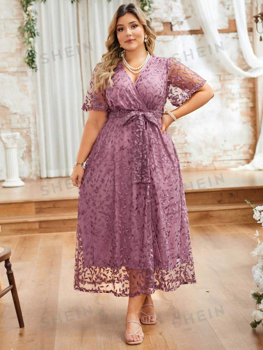 SHEIN Clasi Plus Size Embroidered Mesh Dress, Wedding Guest Dress | SHEIN UK