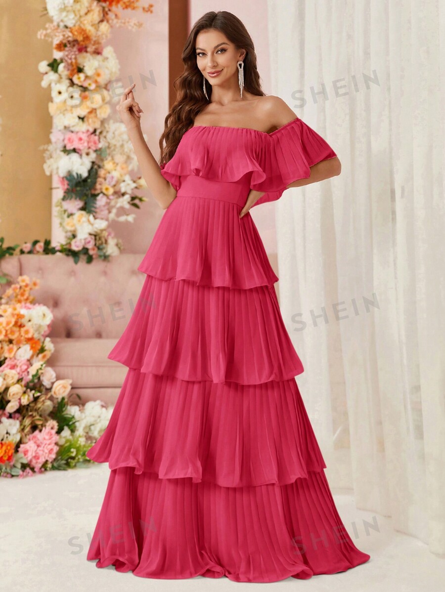 SHEIN Belle Women's Off Shoulder Multi-Layered Pleated Ball Gown For ...