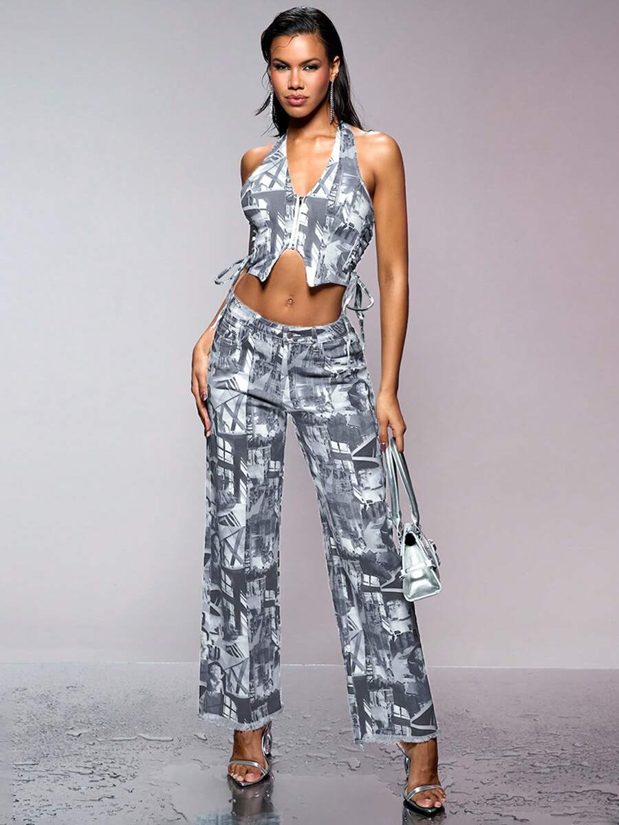 SHEIN BAE Jeans de pierna ancha con gráficos de figuras y Festival de ...