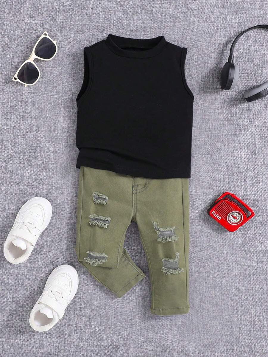 SHEIN Baby Boy Knitted Vest And Acid-Washed Denim Pants Set | SHEIN USA