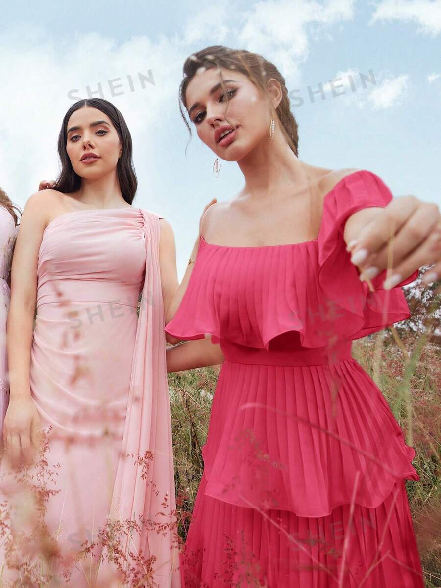 SHEIN Belle Women's Off Shoulder Multi-Layered Pleated Ball Gown For ...