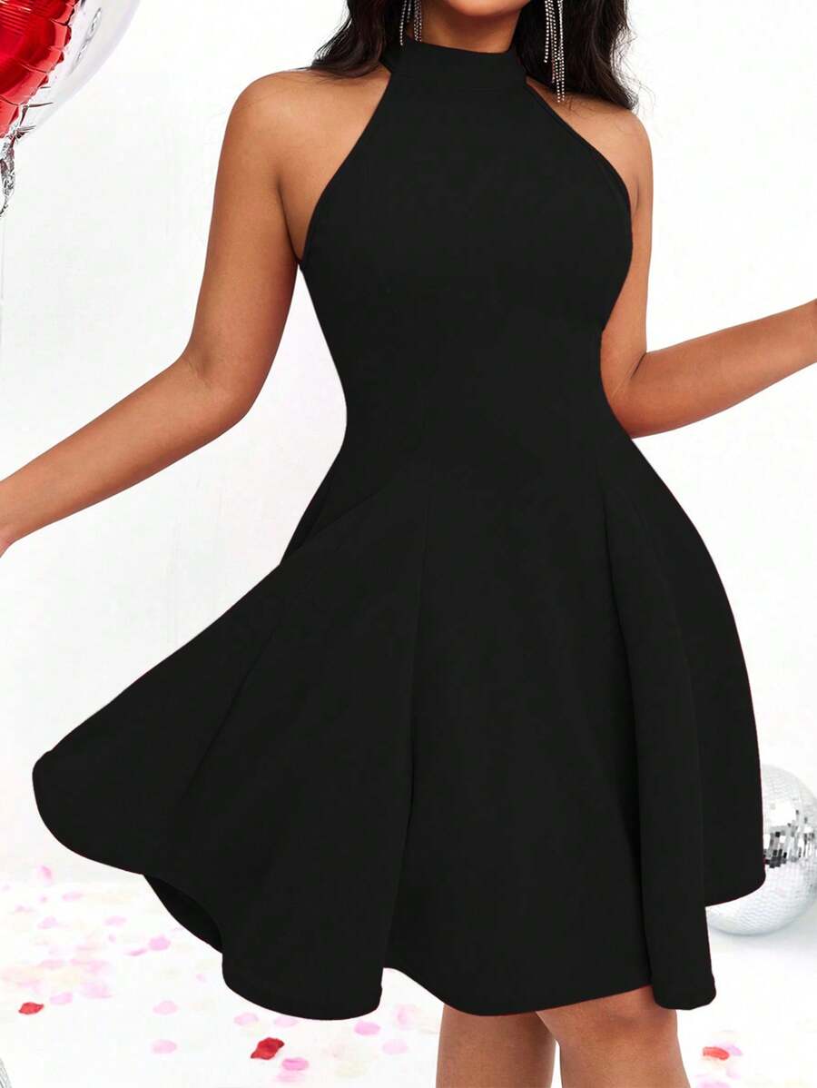 SHEIN Unity Ladies' Solid Color Halter Neck Waist-Drawstring Dress ...