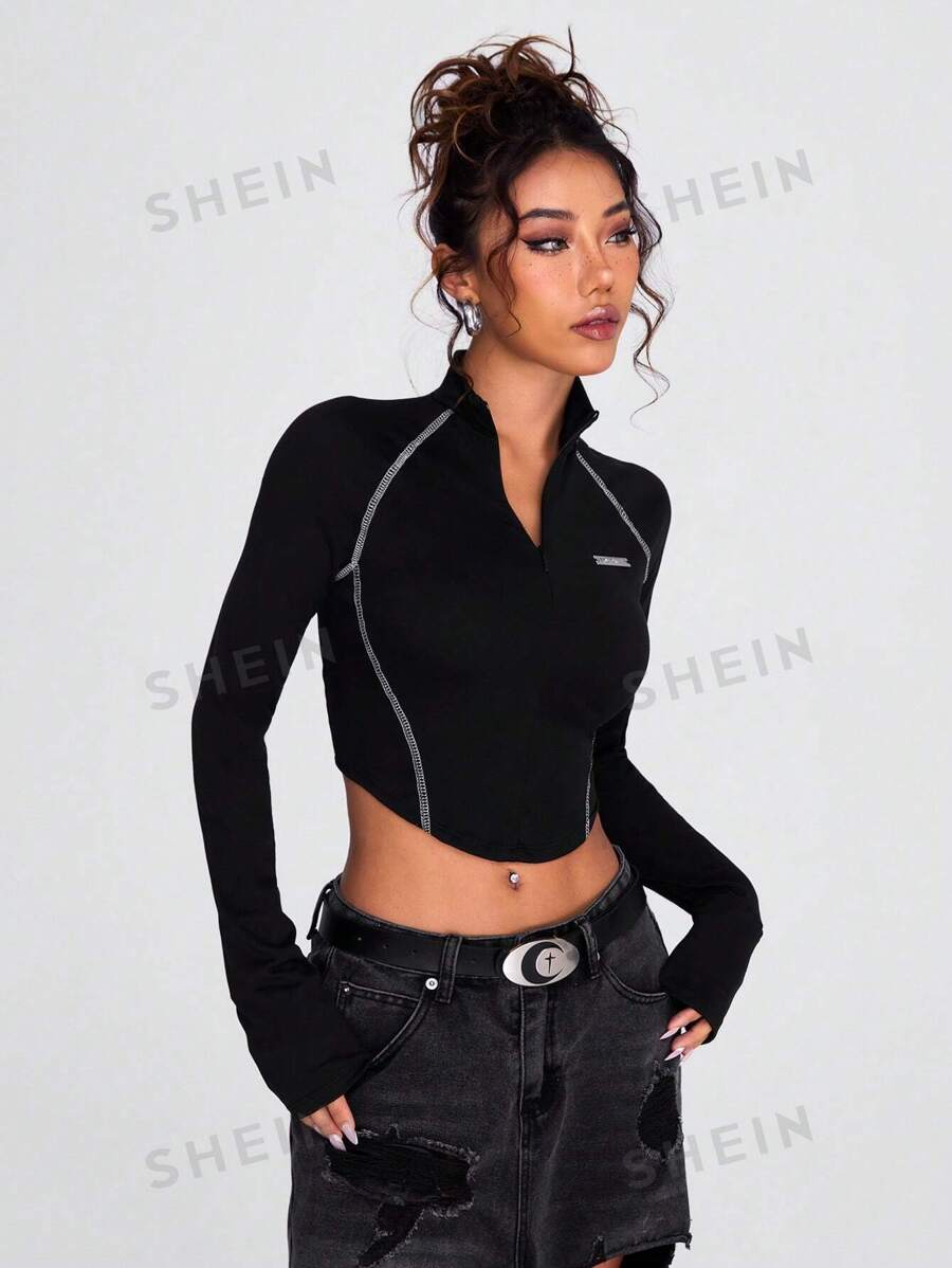 SHEIN X Virginia & ZeFelipe Topstitched Raglan Sleeves Asymmetric Hem ...