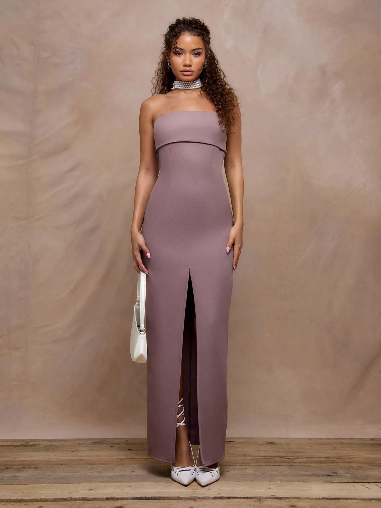 MUSERA Woven Bandeau Folder Over Split Front Maxi Dress | SHEIN USA