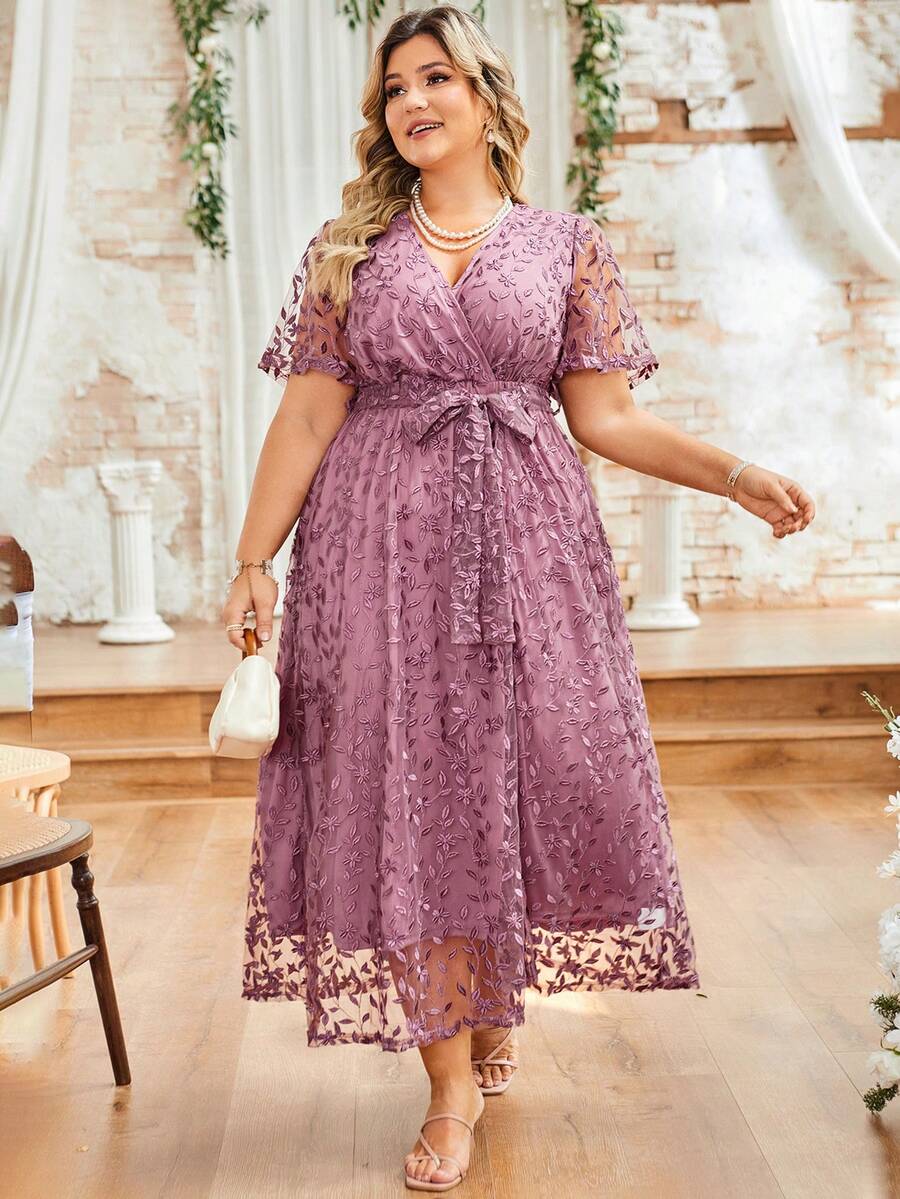 SHEIN Clasi Plus Size Embroidered Mesh Dress, Wedding Guest Dress | SHEIN USA
