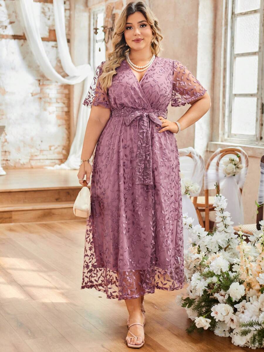 SHEIN Clasi Plus Size Embroidered Mesh Dress, Wedding Guest Dress | SHEIN USA