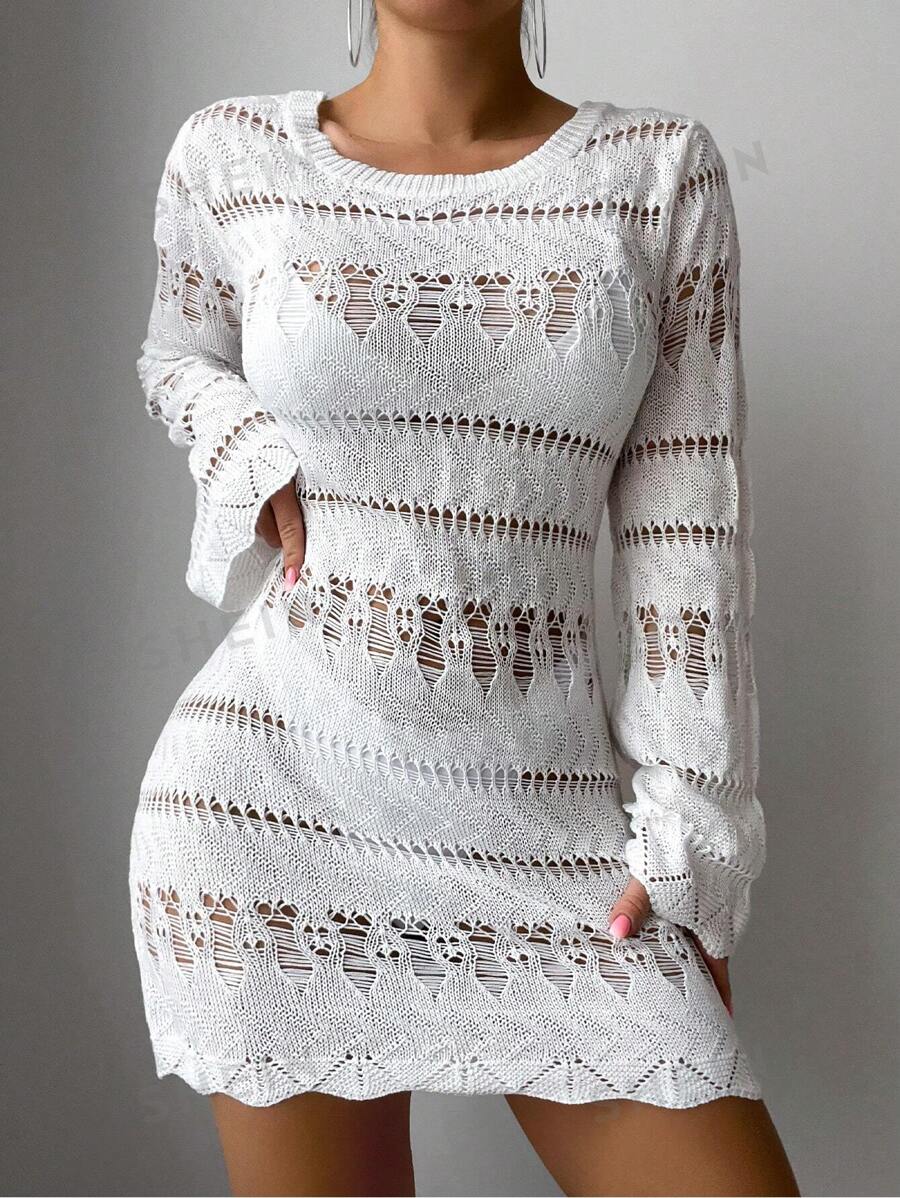 Shein Swim Bohofeel Long Sleeve Hollow Out Knitted Dress Cover Up For