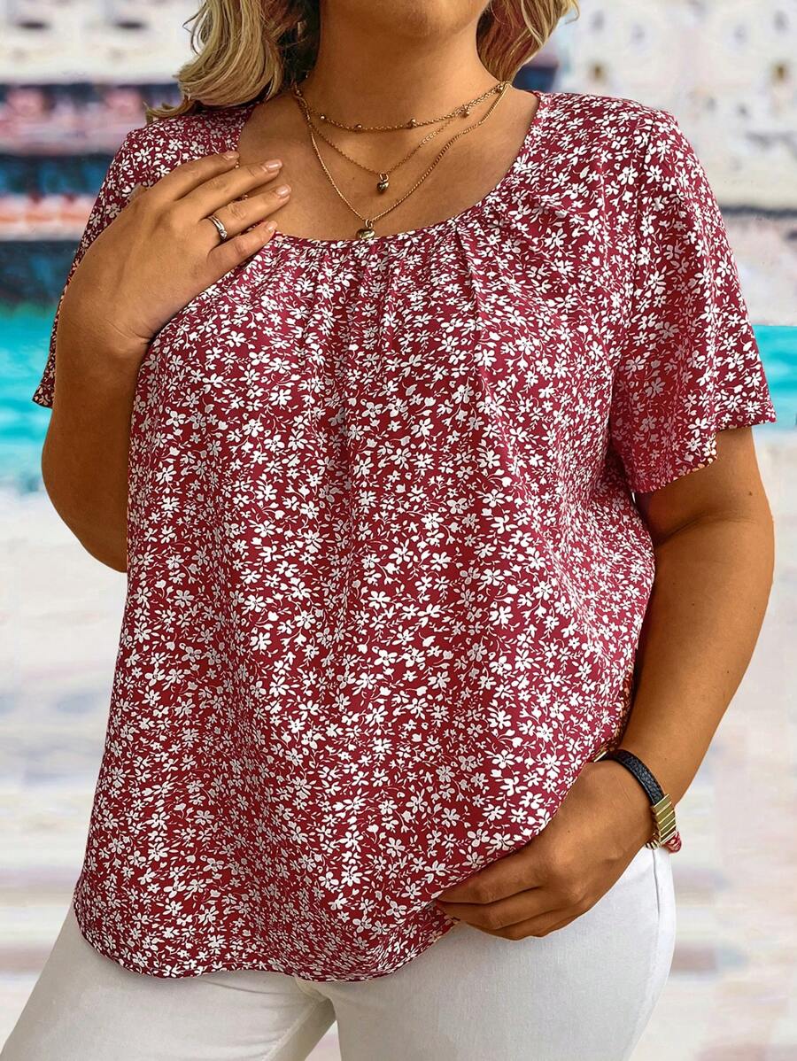 EMERY ROSE Plus Size Floral Printed Round Neck Casual Blouse, Summer ...