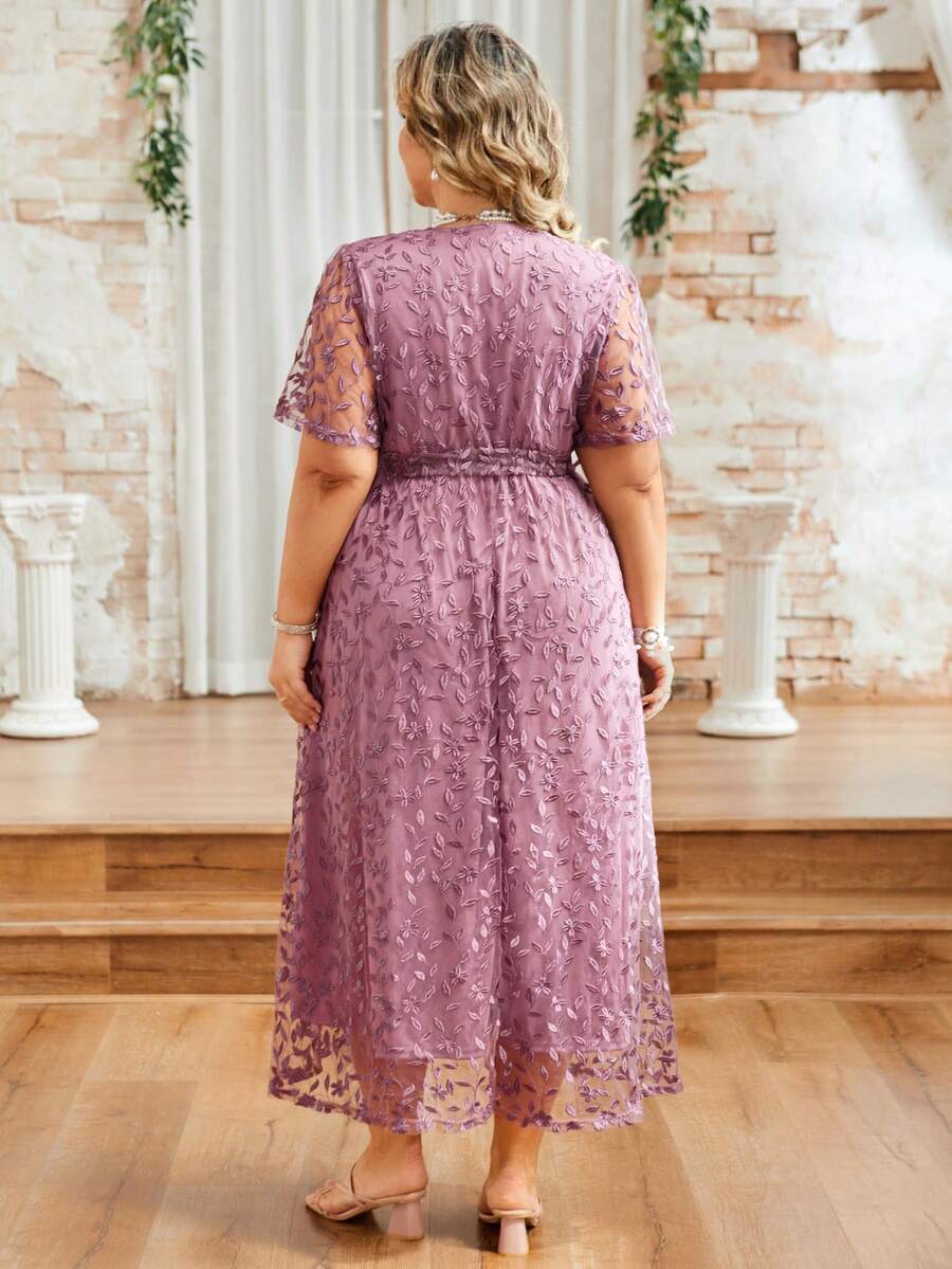 SHEIN Clasi Plus Size Embroidered Mesh Dress, Wedding Guest Dress | SHEIN USA