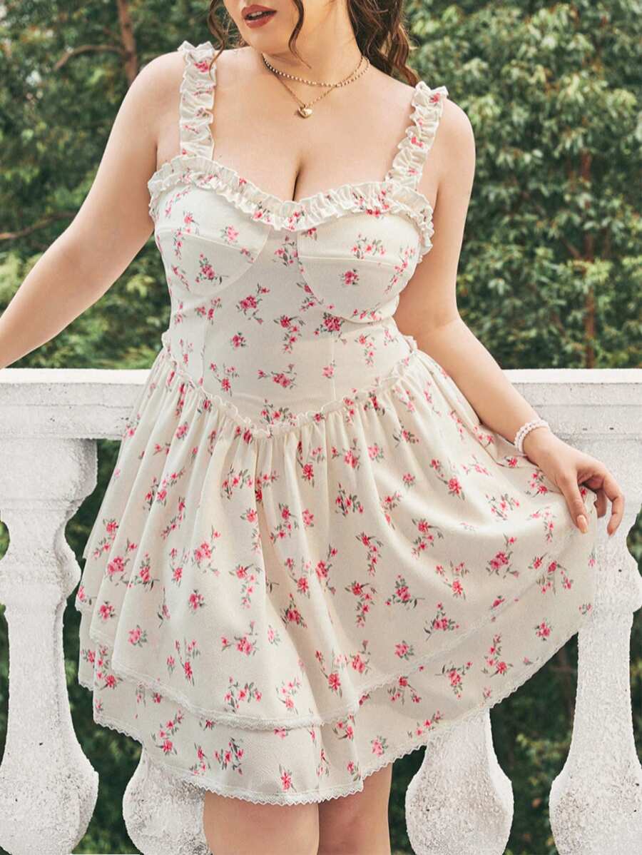 Dreamara Plus Size Women's Floral Print Ruffle Hem Dress With ...