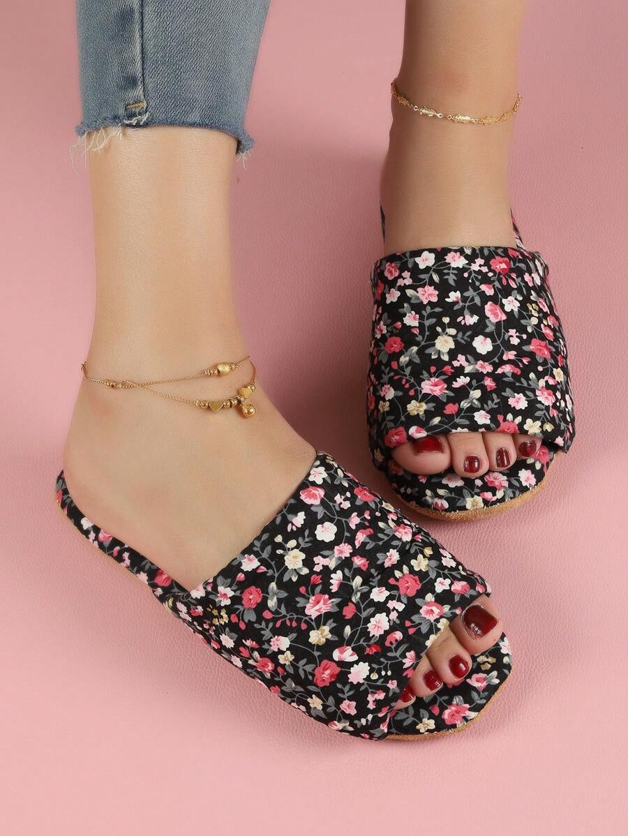 Flower Design Open Toe Slippers, Women's Indoor House Slippers Soft ...