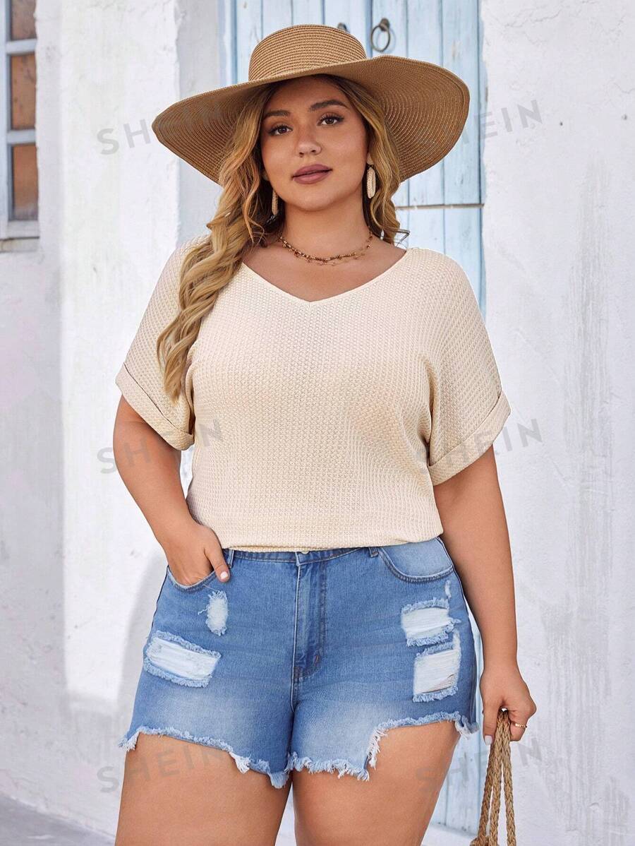 SHEIN VCAY Grote maten Zomer Vakantie Abrikoos Kant Rug Strand T-shirts ...