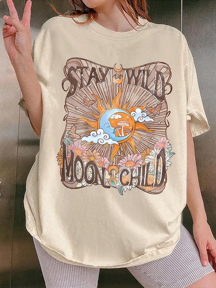 INAWLY Plus Size Women's Summer Loose Fit T-Shirt With Letter, Sun, And ...