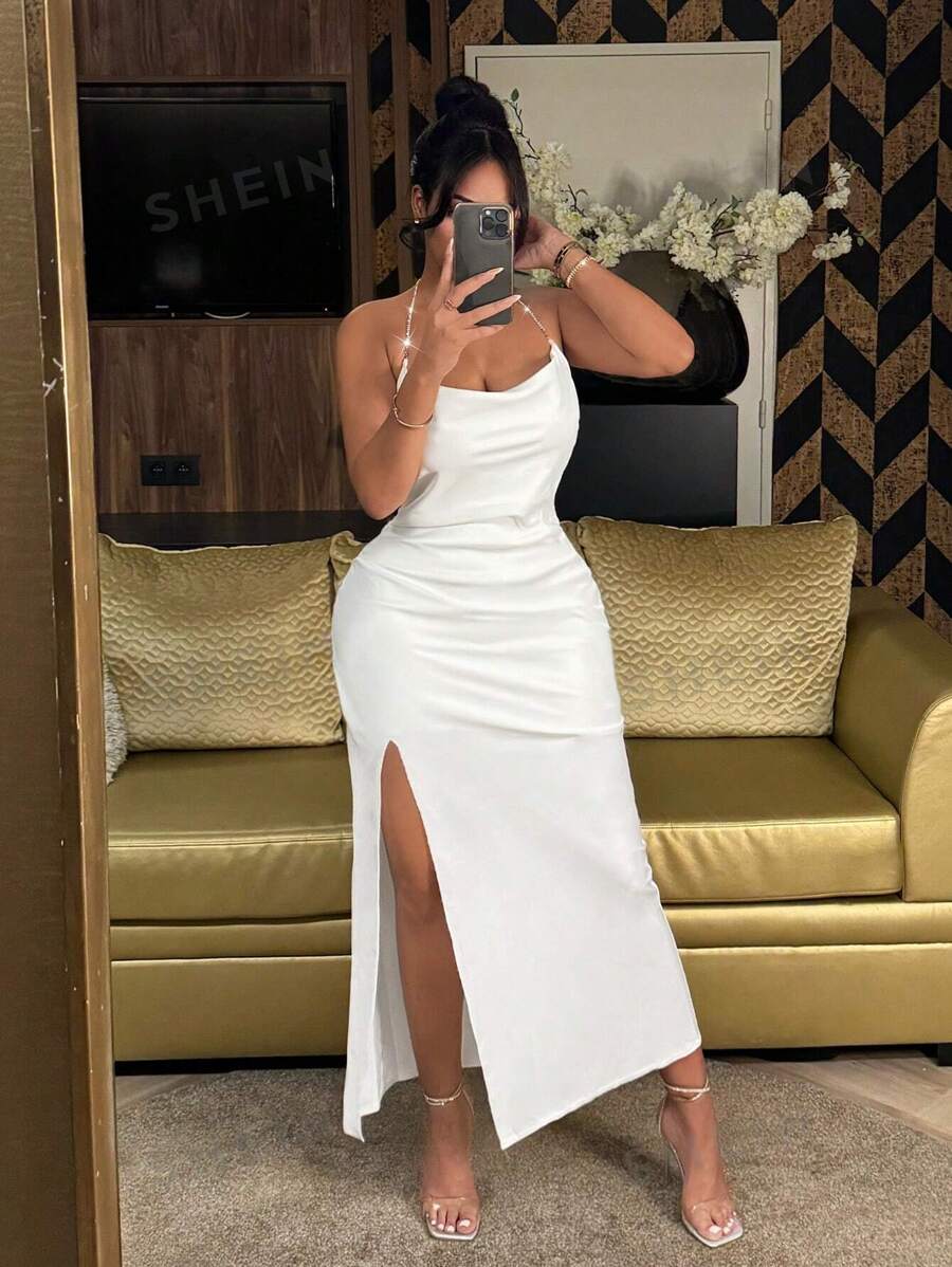 SHEIN SXY Diamond Chain V-Neck Backless Split Dress | SHEIN USA