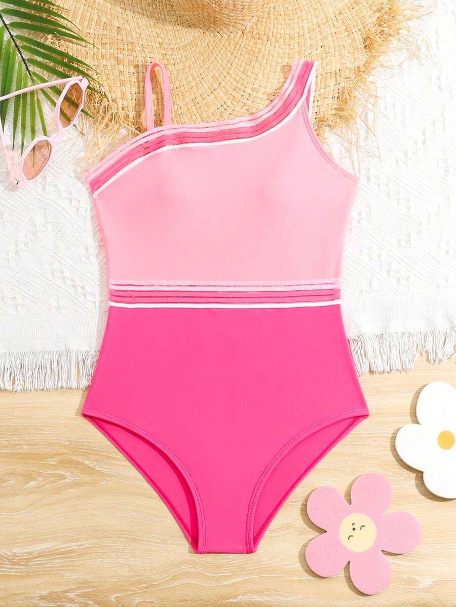 Tween Girl's Color Block Asymmetric Neck One-Piece Swimsuit, Perfect ...