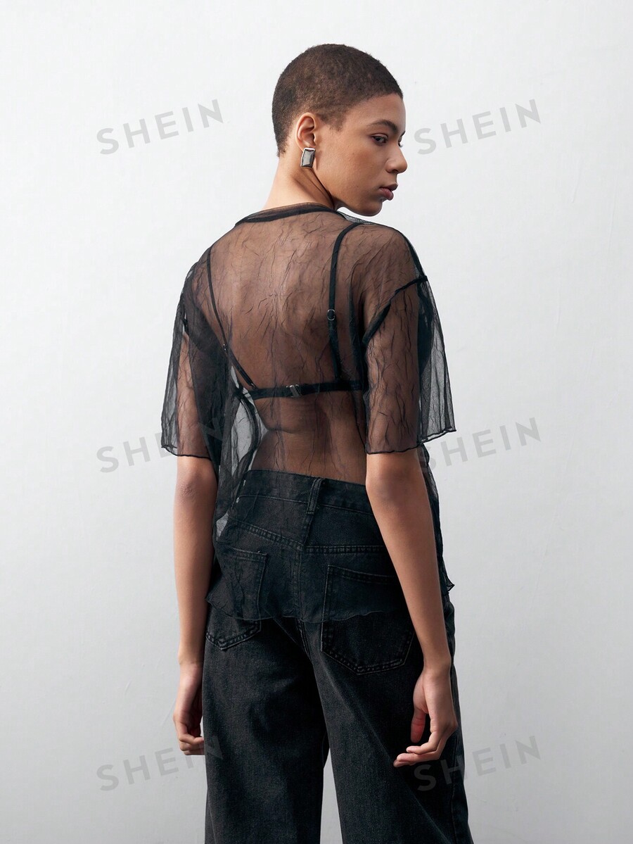 SHEIN Maija Women's Summer Plain Round Neck Drop Shoulder Sleeve Mesh ...