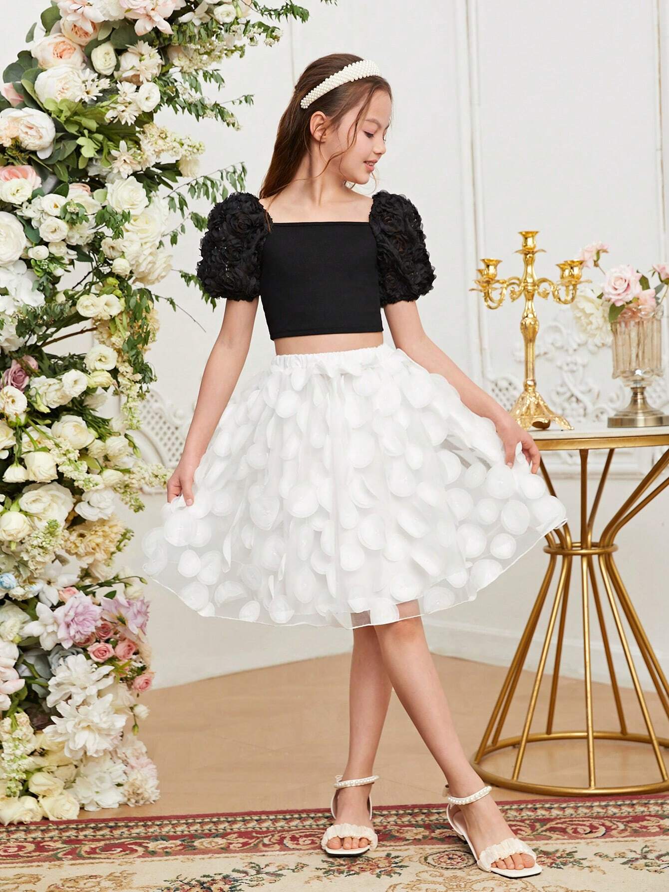 SHEIN Tween Girl Short Skirt Decorated With 3d Circular Design And Mesh ...
