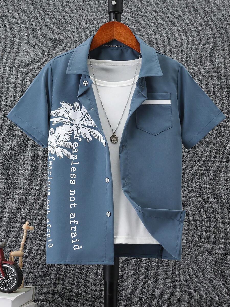 SHEIN Koszula z krótkim rękawem dla chłopców Tween z palmami i literami ...