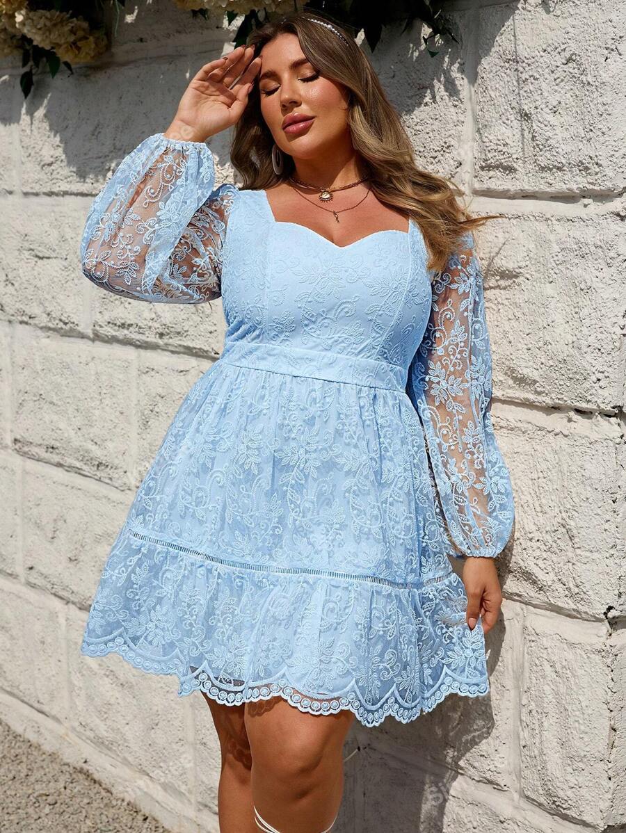 Simplee Women Plus Size Embroidered Mesh Sweetheart Neck Lantern Sleeve