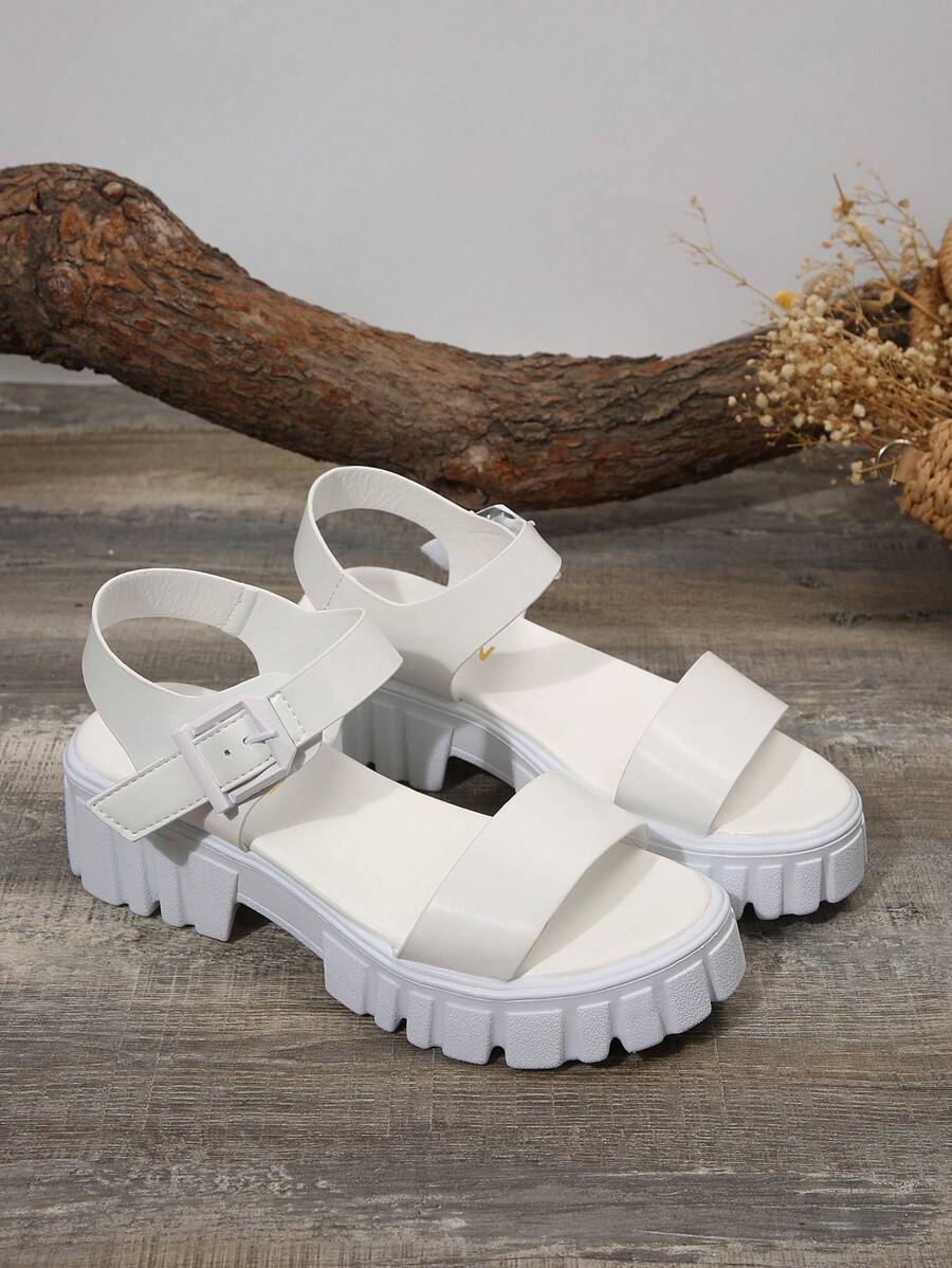 Teenagers' Round Toe Platform Buckle Strap Thick-Soled White Casual ...