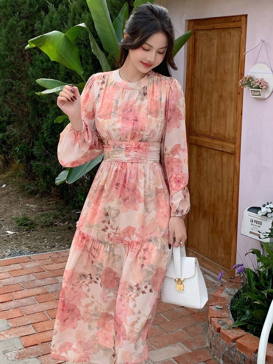 DAZY Women's Floral Printed Lantern Sleeve Belted Spring Casual Dress | SHEIN USA
