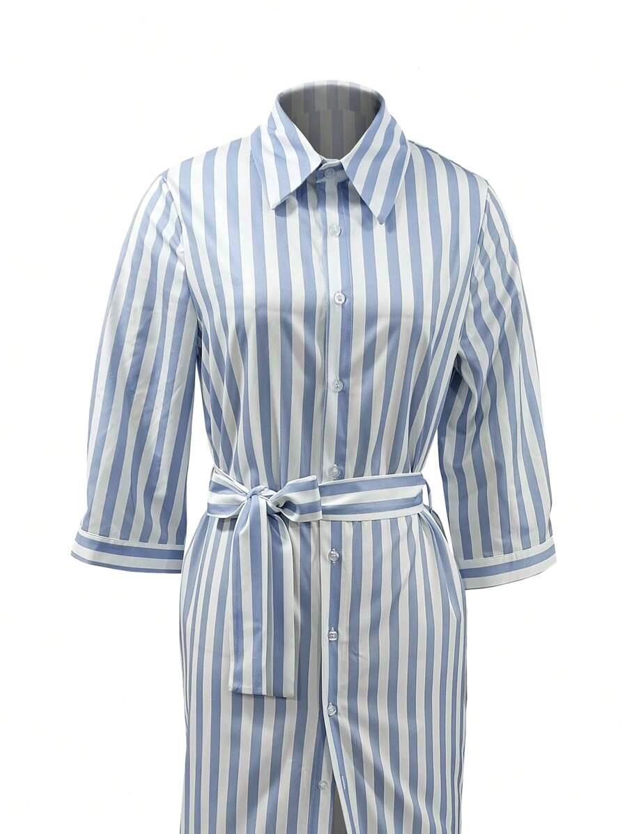 Chic Striped Bohemian Style 3/4 Sleeve Open Front Dress With Graceful ...