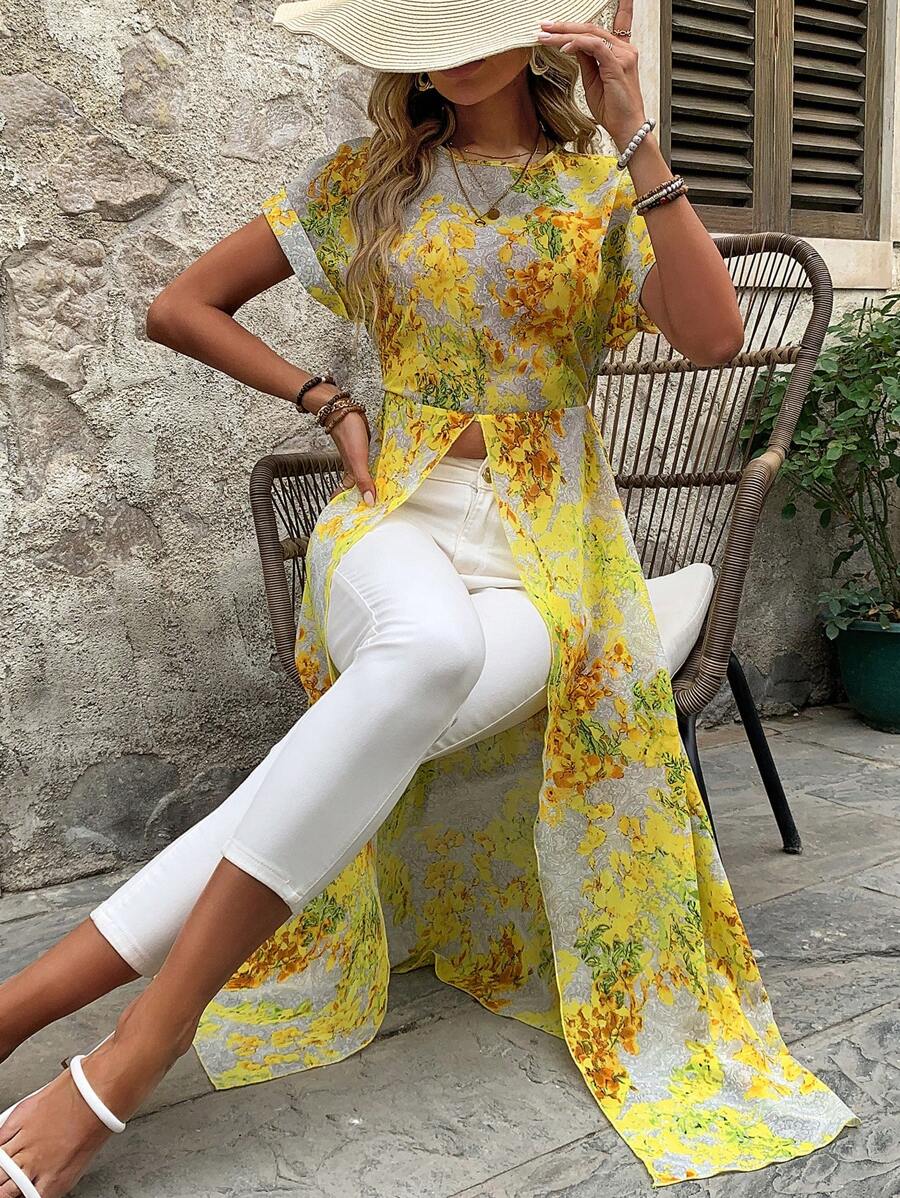 EMERY ROSE Floral Printed Split Hem Long Shirt For Summer | SHEIN UK