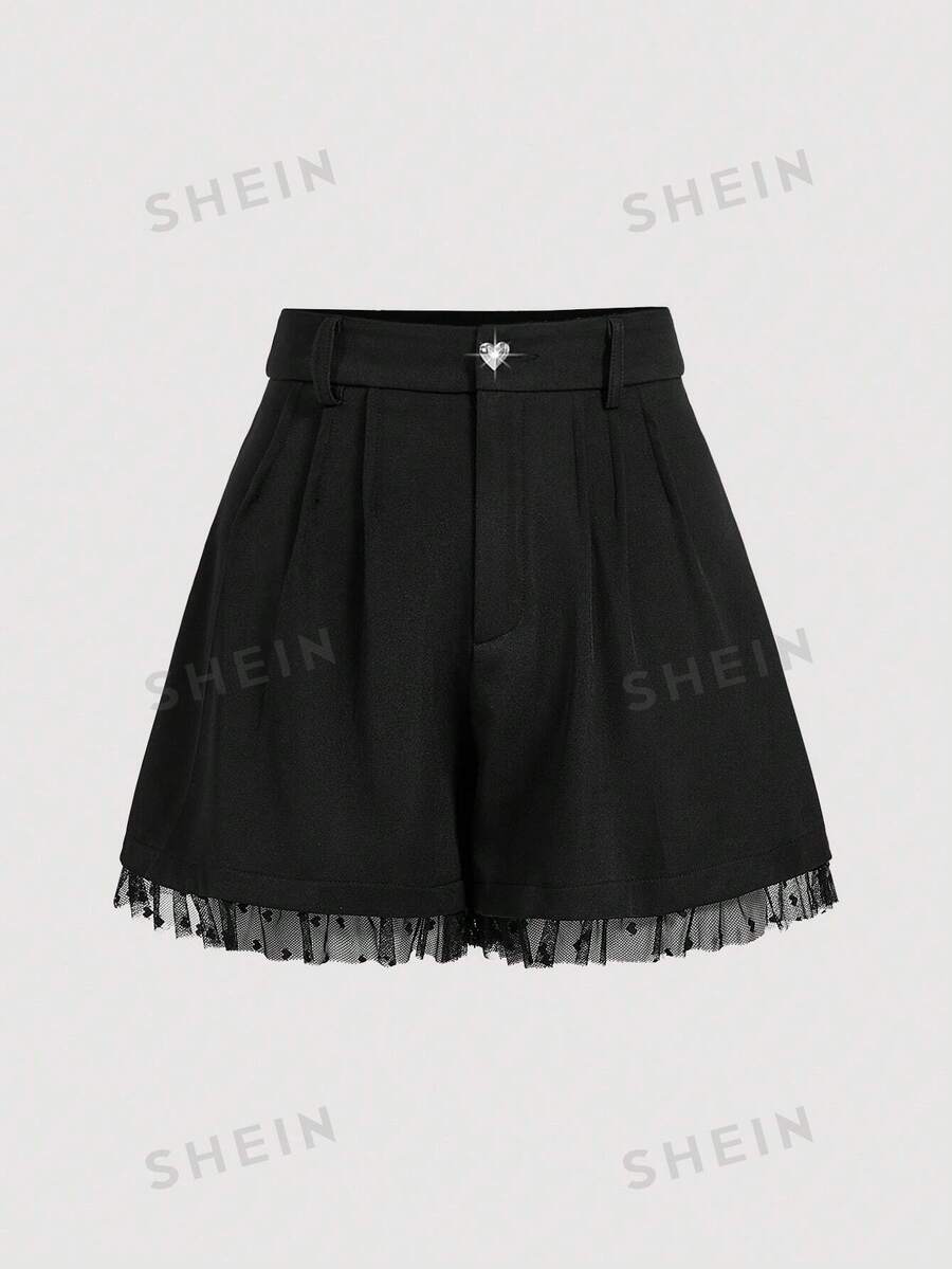 SHEIN Privé Ladies Elegant Love Diamond Button Decorated Hem Love Mesh ...