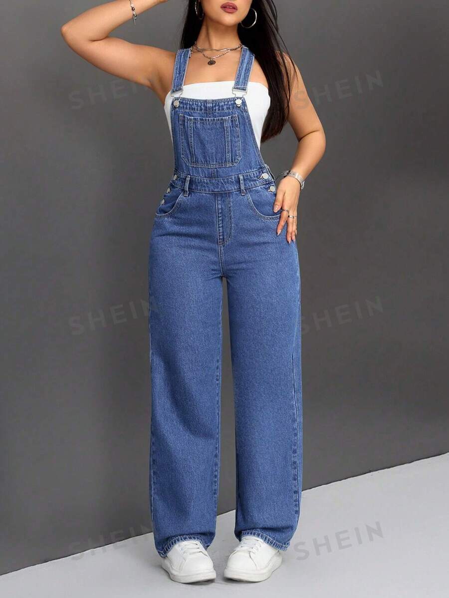 SHEIN PETITE Women's Denim Overalls With Slanted Pockets | SHEIN USA