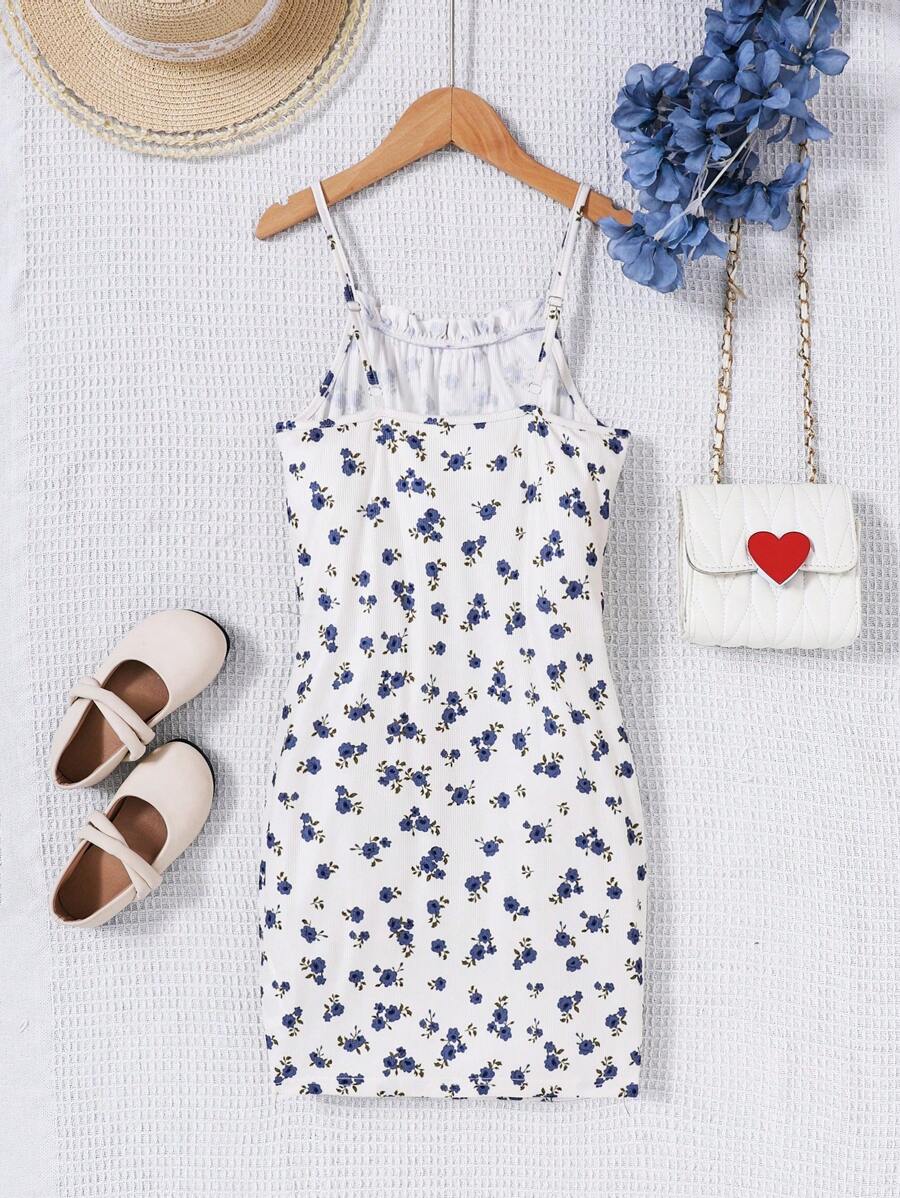 Tween Girl Knitted Blue Floral Print Sweetheart Neckline Jumpsuit ...