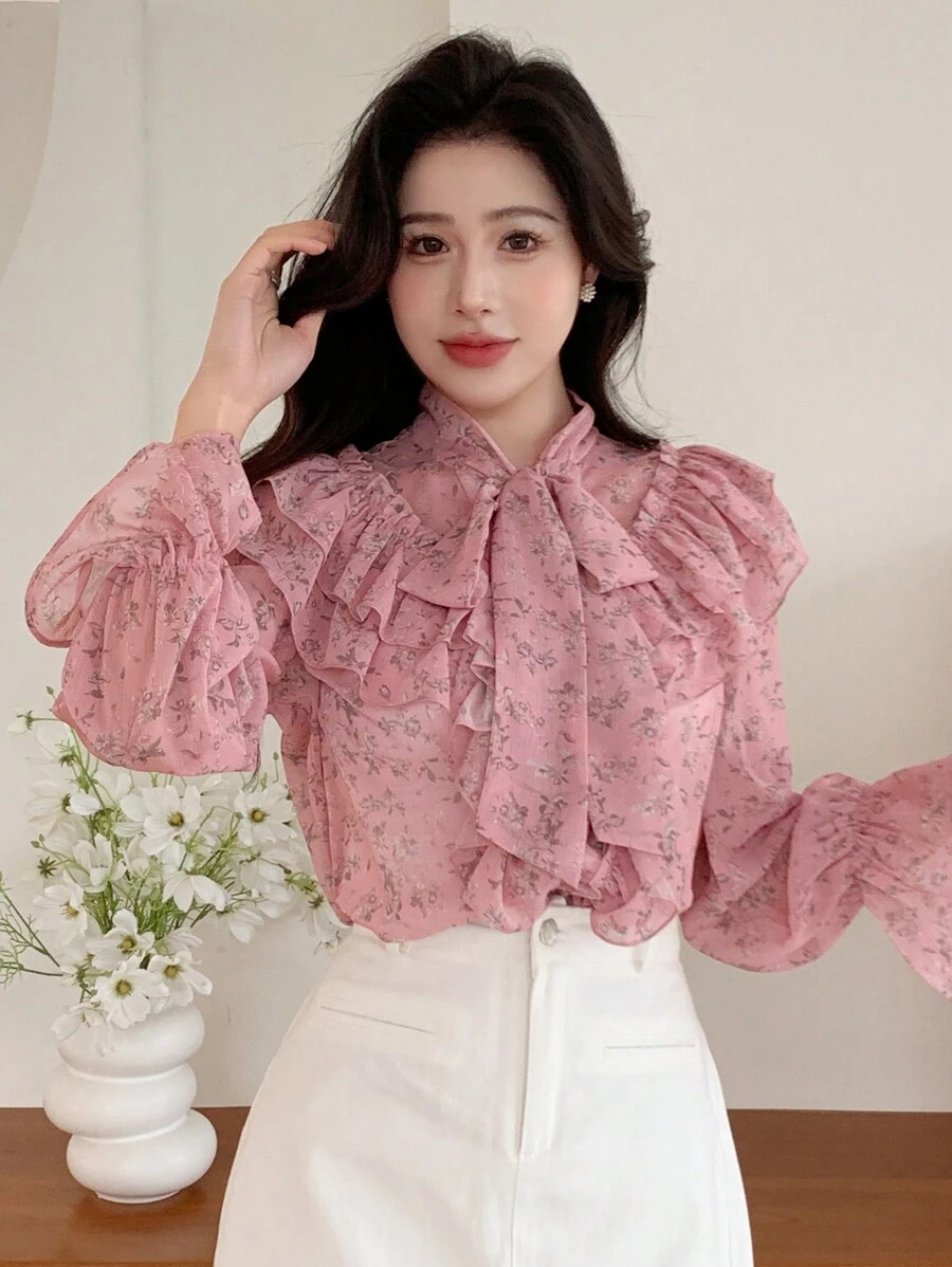 DAZY Long Sleeve Ruffle Collar Bow Blouse,Fall Clothes | SHEIN USA